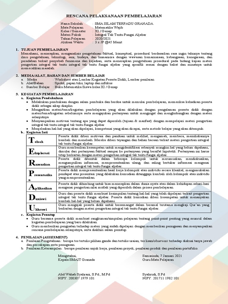 RPP Integral Tak Tentu Fungsi Aljabar | PDF