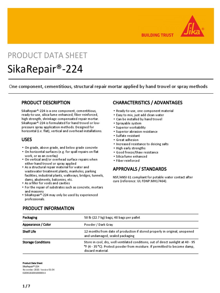 Sikarepair®-224: Product Data Sheet | PDF | Concrete | Corrosion