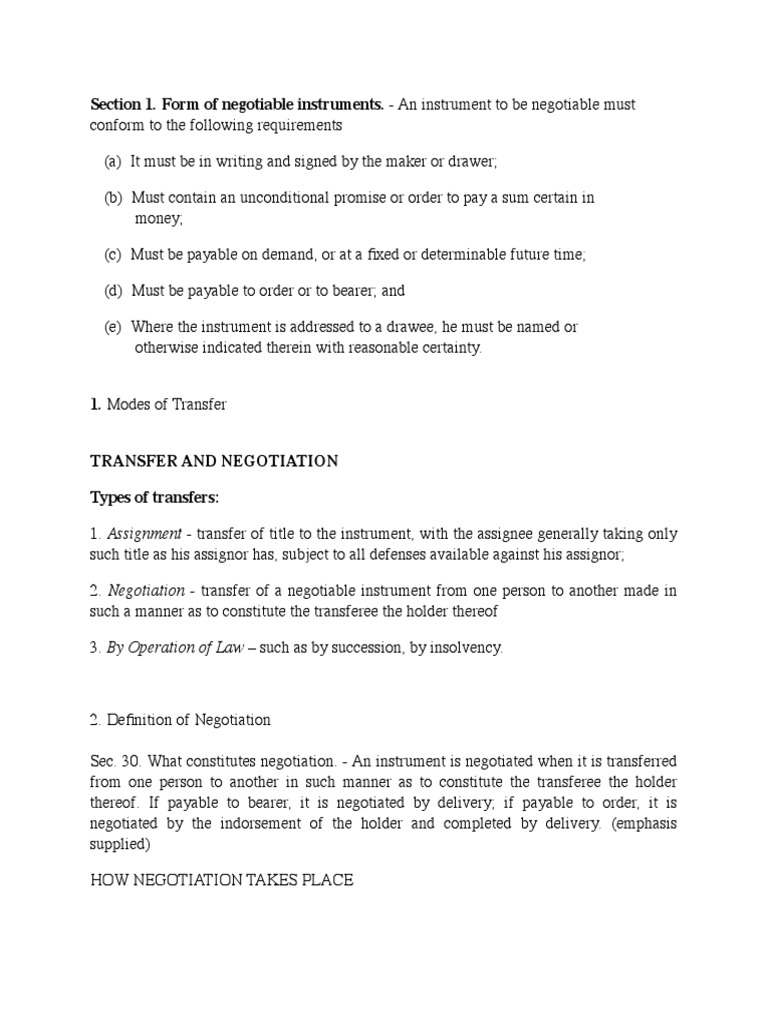 Section 1. Form of Negotiable Instruments. - An Instrument To Be ...