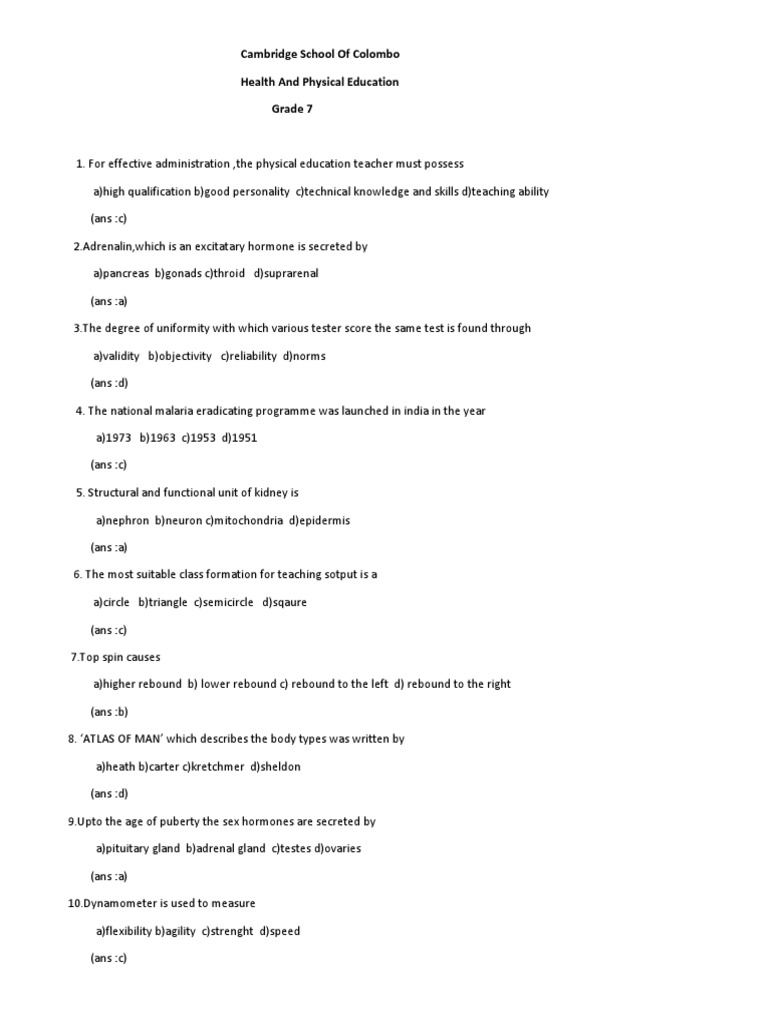 Cambridge School of Colombo Health and Physical Education Grade 7 | PDF ...