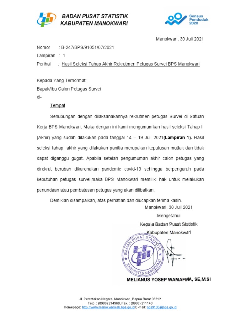 Surat Hasil Seleksi Tahap Akhir Rekrutmen Petugas Survei BPS Manokwari ...