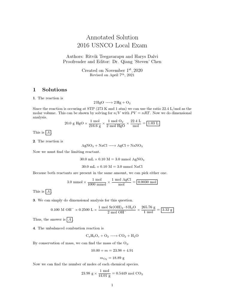 Annotated Solutions: 2016 USNCO Exam | PDF | Chemical Bond | Covalent Bond