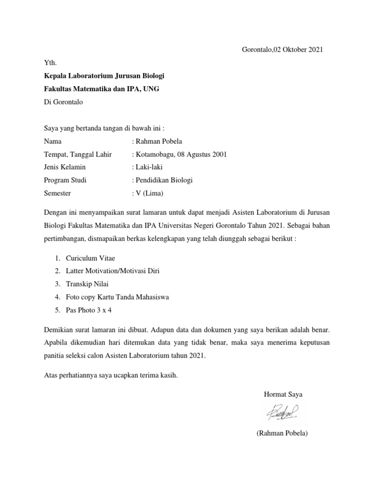 Rahman Pobela Berkas Lamaran Asisten Lab | PDF | Kesehatan Holistik