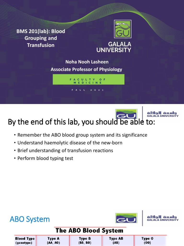 BMS 201 (Lab) : Blood Grouping and Transfusion: Noha Nooh Lasheen Associate Professor of ...