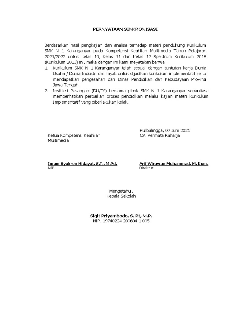Pernyataan Sinkronisasi Cv. Permata Raharja | PDF | Bisnis