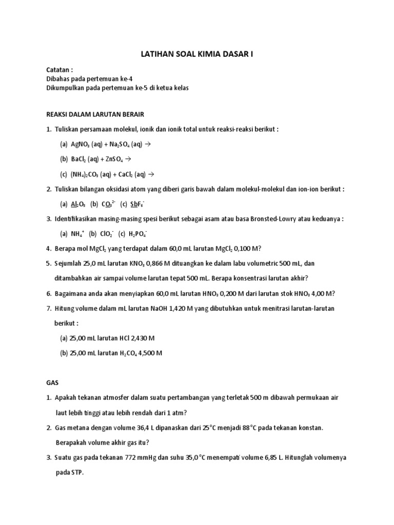 Latihan Soal Kimia Dasar I-2021 | PDF