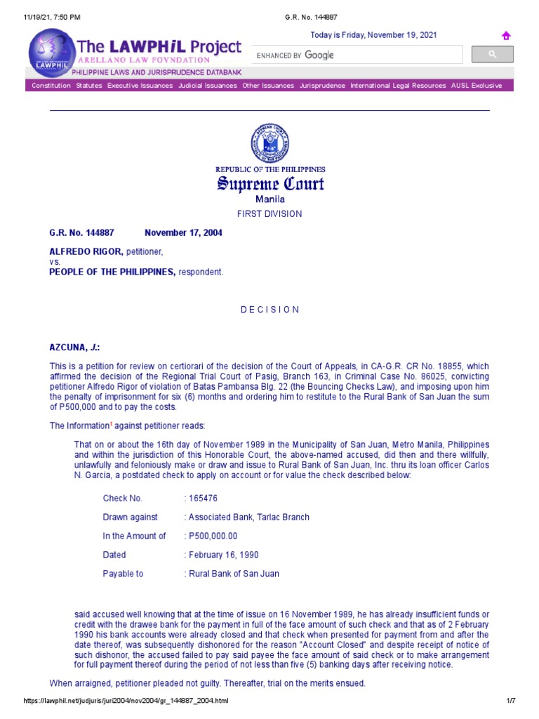 Rigor vs. People G.R. No. 144887 | PDF | Banks | Loans