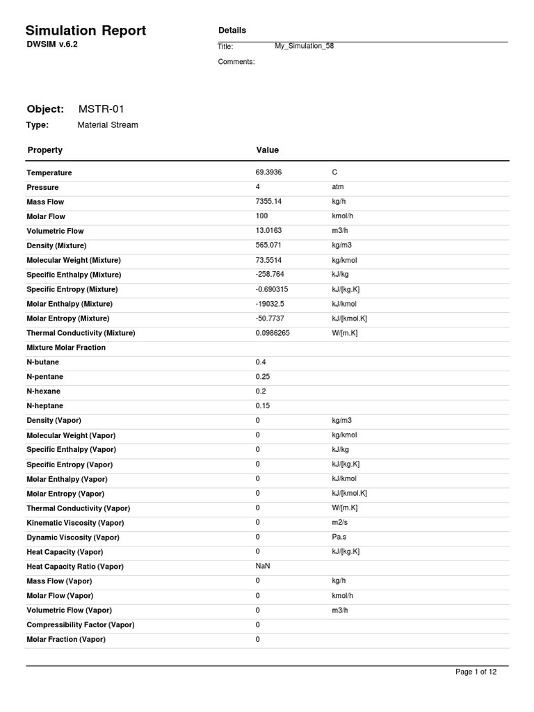 Simulation Report: MSTR-01 | PDF | Enthalpy | Liquids