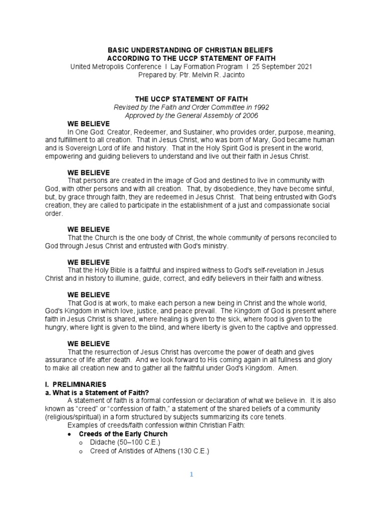 Basic Understanding of Christian Beliefs According To The Uccp ...