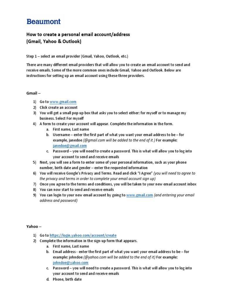 Beaumont How To Create Email Account | PDF | Gmail | Websites