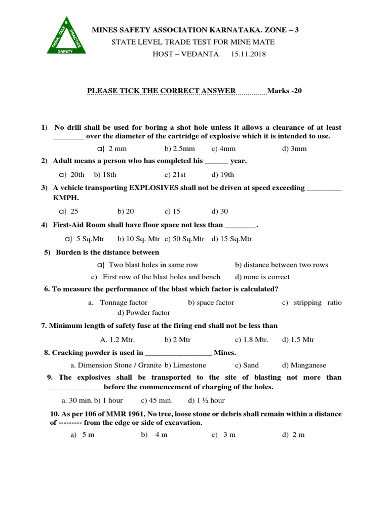 Mines Safety Association Trade Test for Mine Mate | PDF