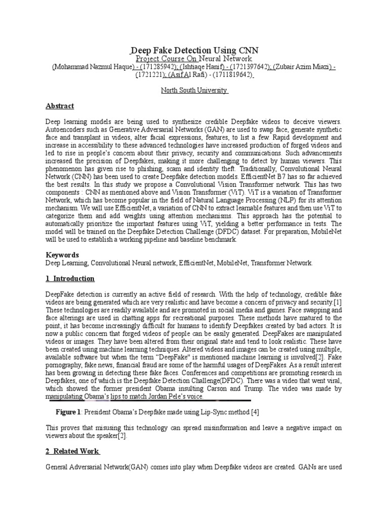 Deep Fake Detection Using CNN: Project Course On Neural Network | PDF ...