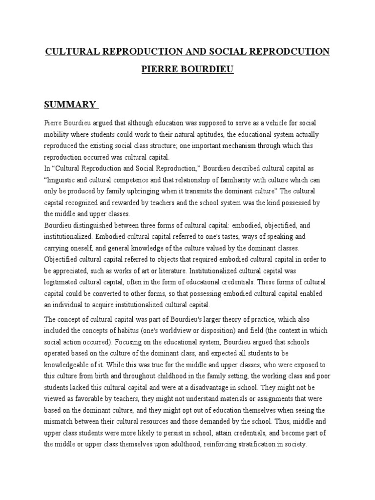 Cultural Reproduction and Social Reproduction | PDF | Wellness