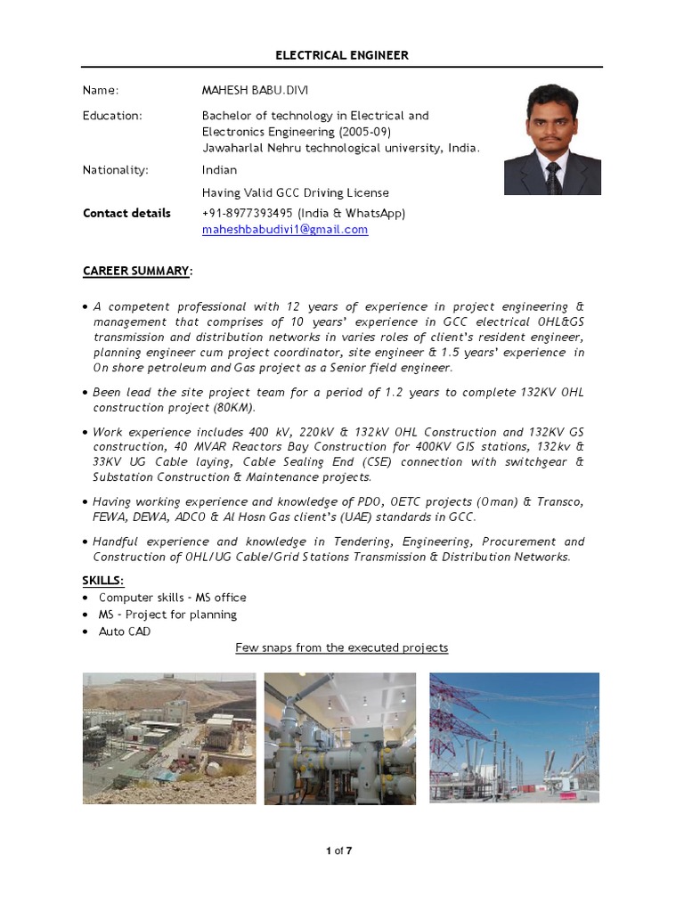 CV Mahesh OHE Engineer Position | PDF | Electrical Substation | Transformer