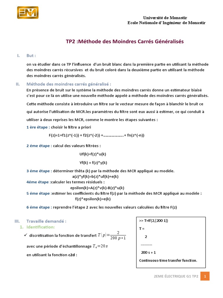 TP2:Méthode Des Moindres Carrés Généralisés: I. But | Download Free PDF | Méthode des moindres ...