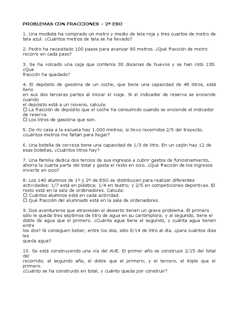 Problemas Con Fracciones 2 Eso | PDF