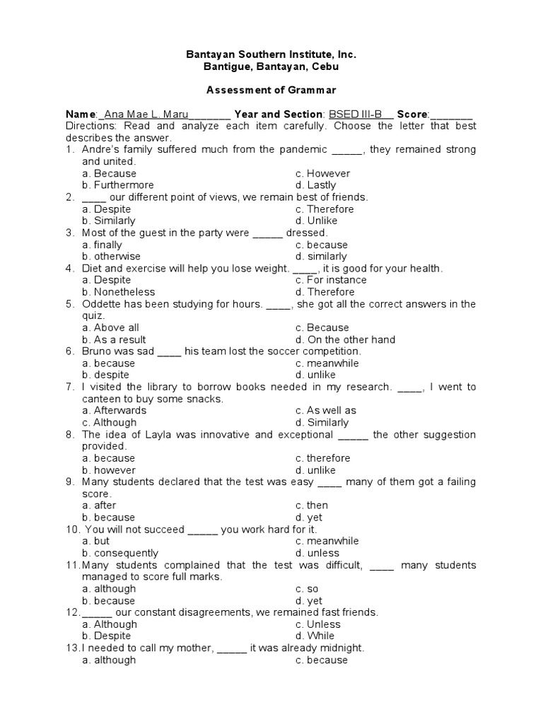 Assessment Making - Maru, Ana Mae | PDF | Sentence (Linguistics) | Phrase