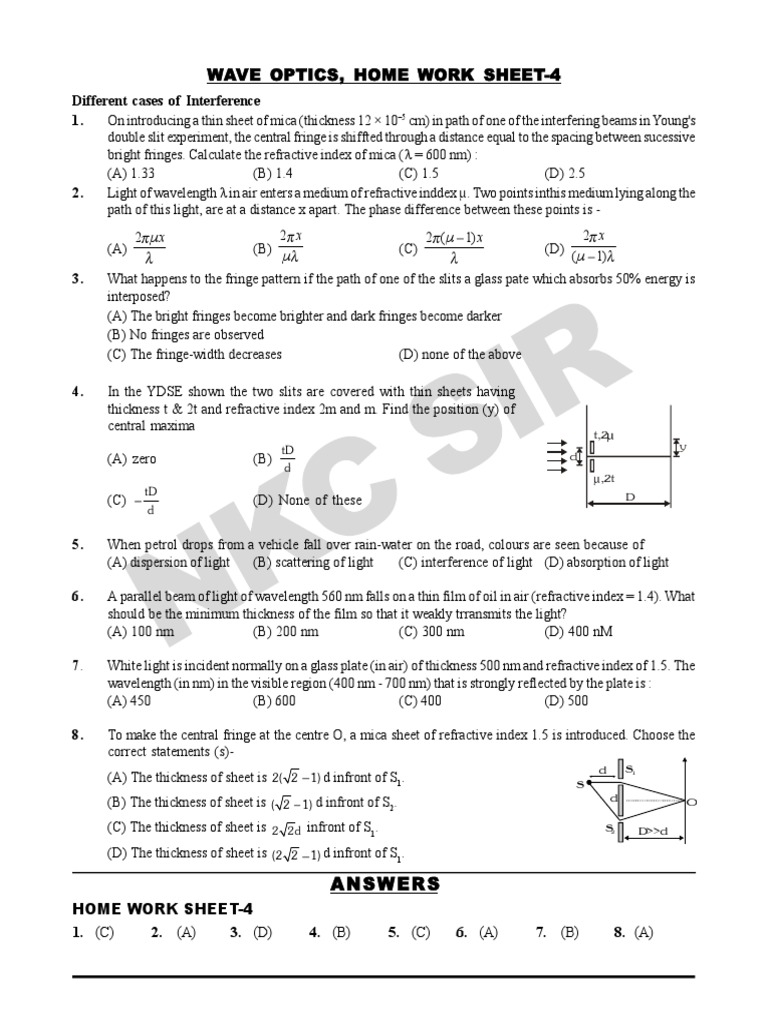 Wave Optics Interference Problems Sheet | PDF | Oscillation ...