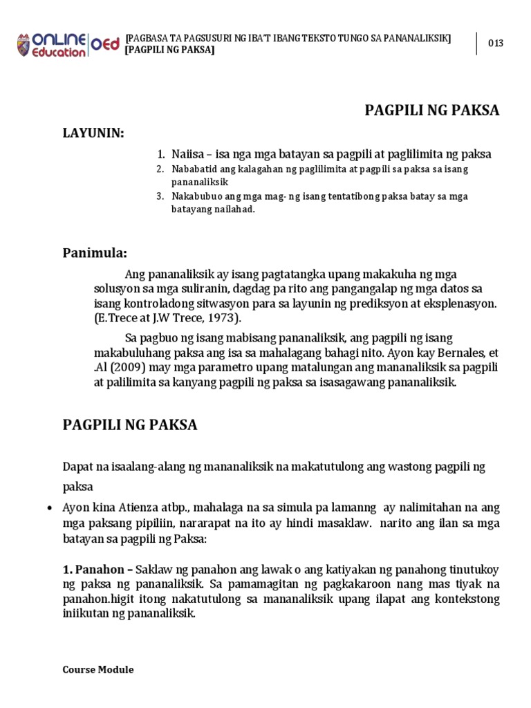 Week 013-Module Pagpili NG Paksa | PDF