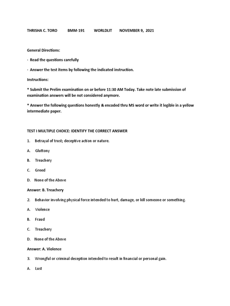 Worldlit Midterm Examination - Thrisha Toro | PDF | Inferno (Dante) | Divine Comedy