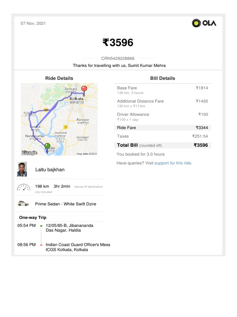 Summarizing a Ride Invoice and Convenience Fee Receipt from Ola Cabs ...
