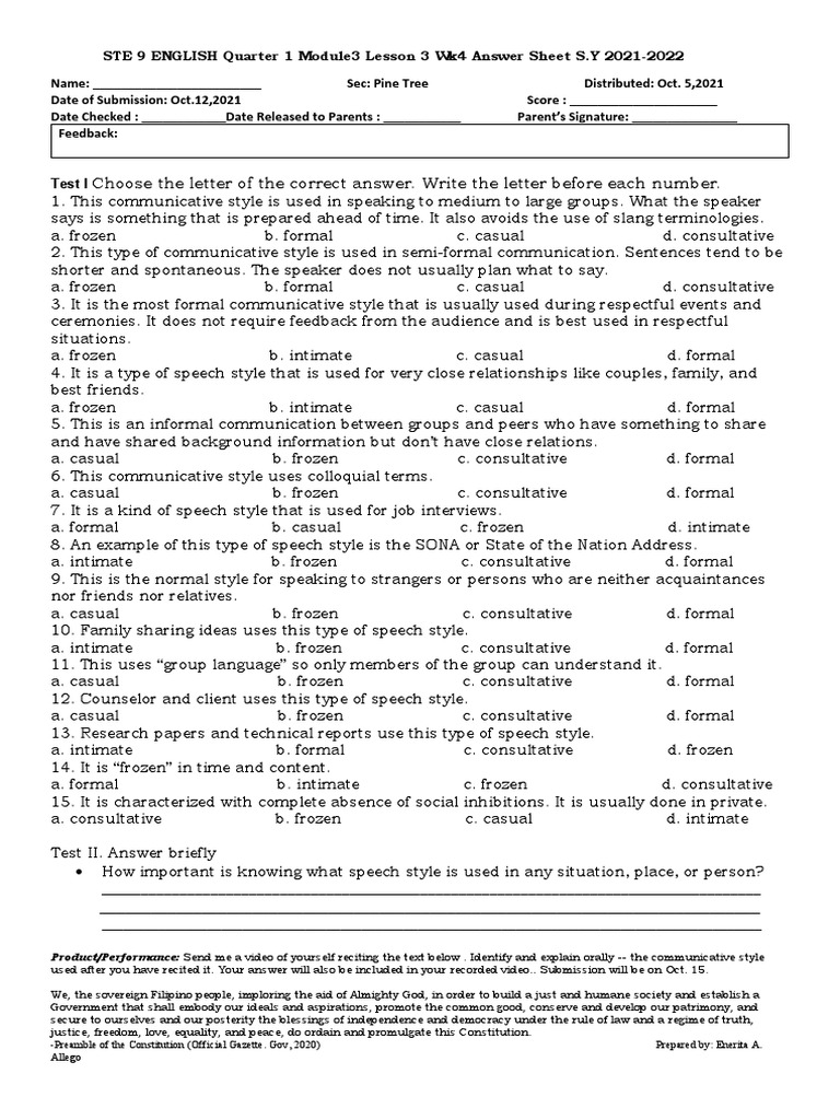 Answer Sheet Grade 9 Module 3 2021 | PDF | Communication