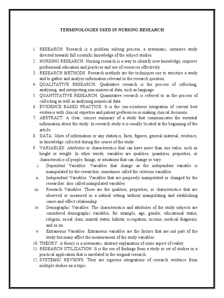 Terminologies Used in Nursing Research | PDF | Sampling (Statistics ...