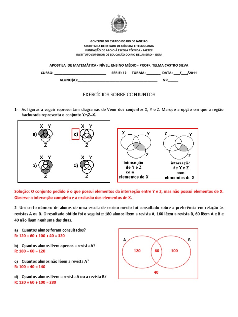 Gabarito Dos Exercícios Sobre Conjuntos Conjunto Matemática Equações