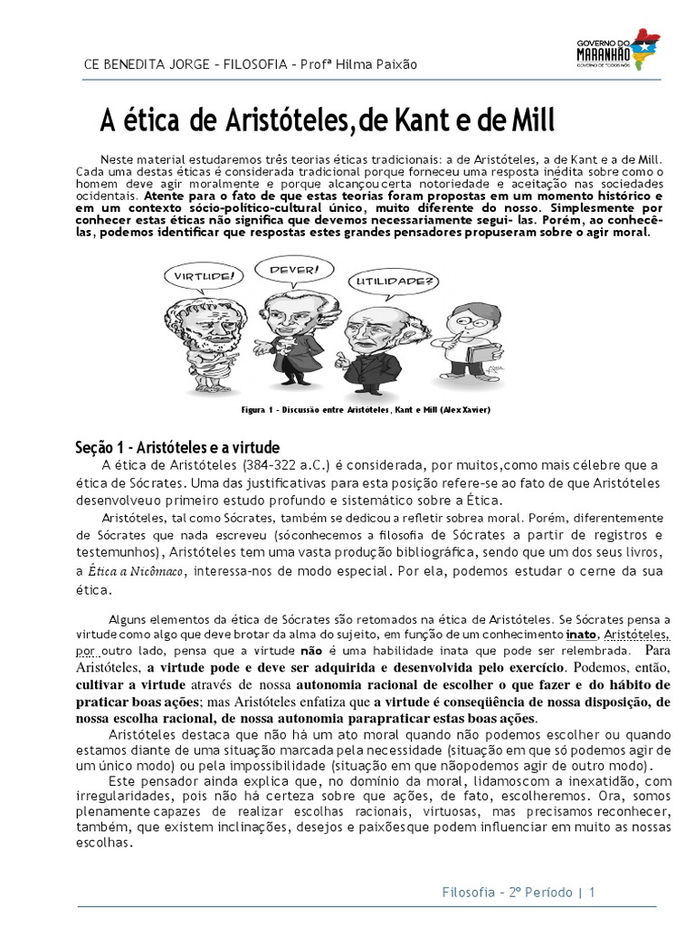 APOSTILA A Ética de Aristóteles KANT E MILL - CEBJ | PDF | Immanuel Kant | Moralidade