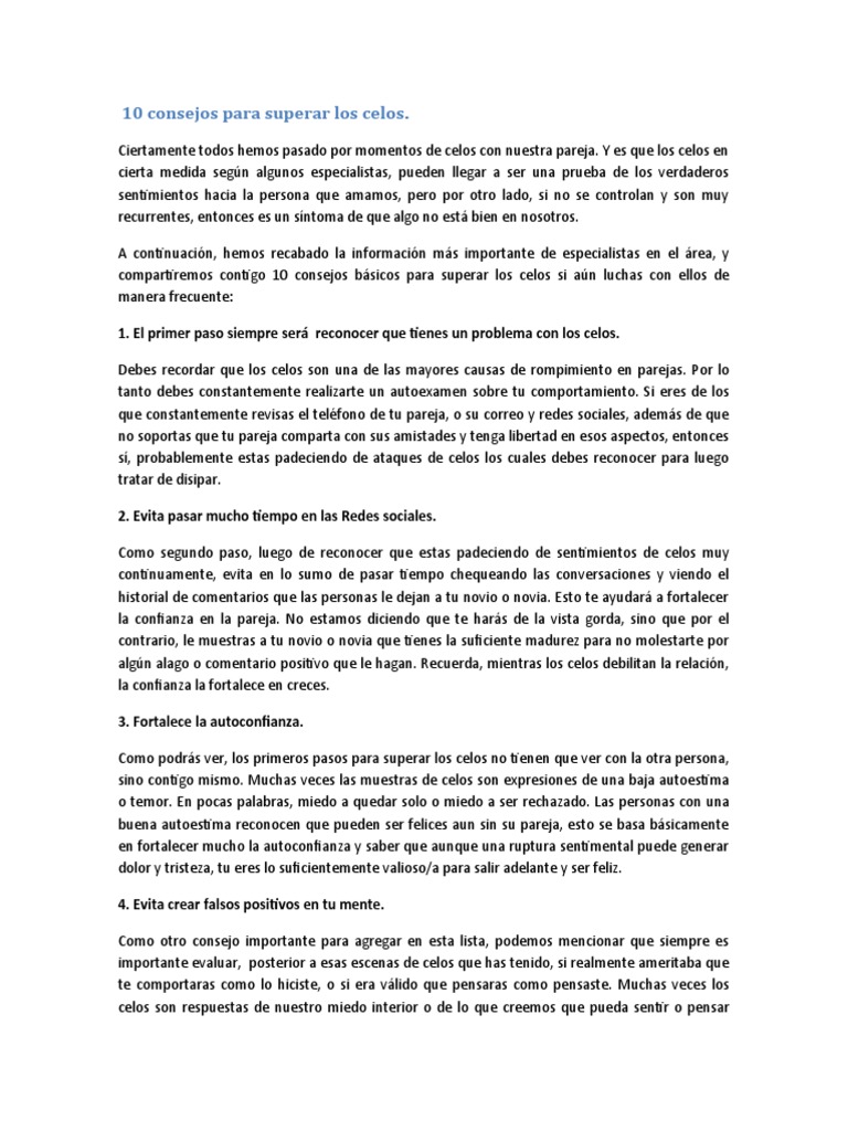 10 Consejos para Superar Los Celos | Descargar gratis PDF | Autoestima | Temor