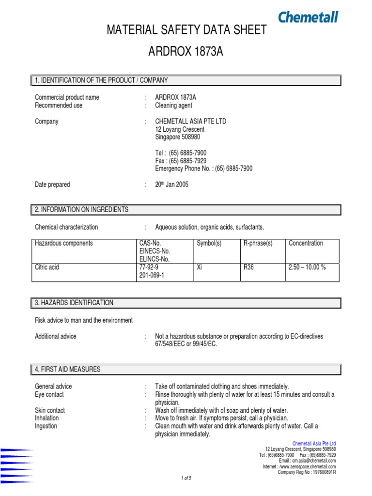 Material Safety Data Sheet ARDROX 1873A: 1. Identification of The ...