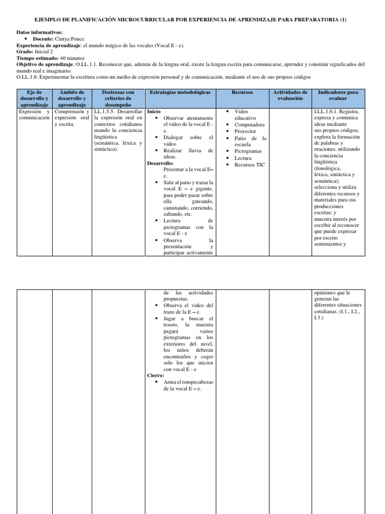 Plan de Clase: Vocal E para Preescolar | PDF | Aprendizaje | Comunicación
