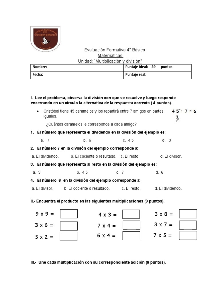 Prueba de Divisones y Multiplicaciones | PDF