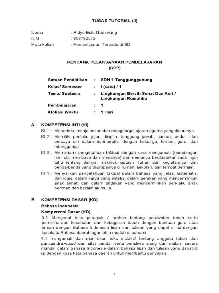 Tugas RPP Pembelajaran Terpadu UT | PDF | Karier & Perkembangan | Seni & Disiplin Bahasa