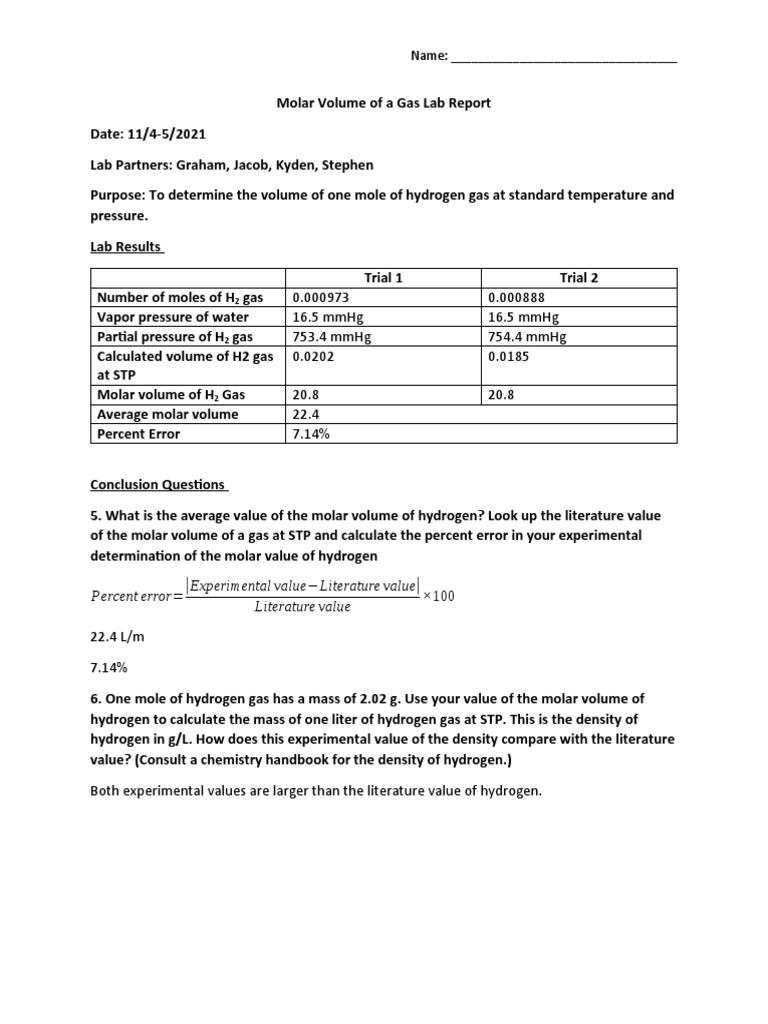 Molar Volume of Gas Lab Report | PDF | Mole (Unit) | Gases