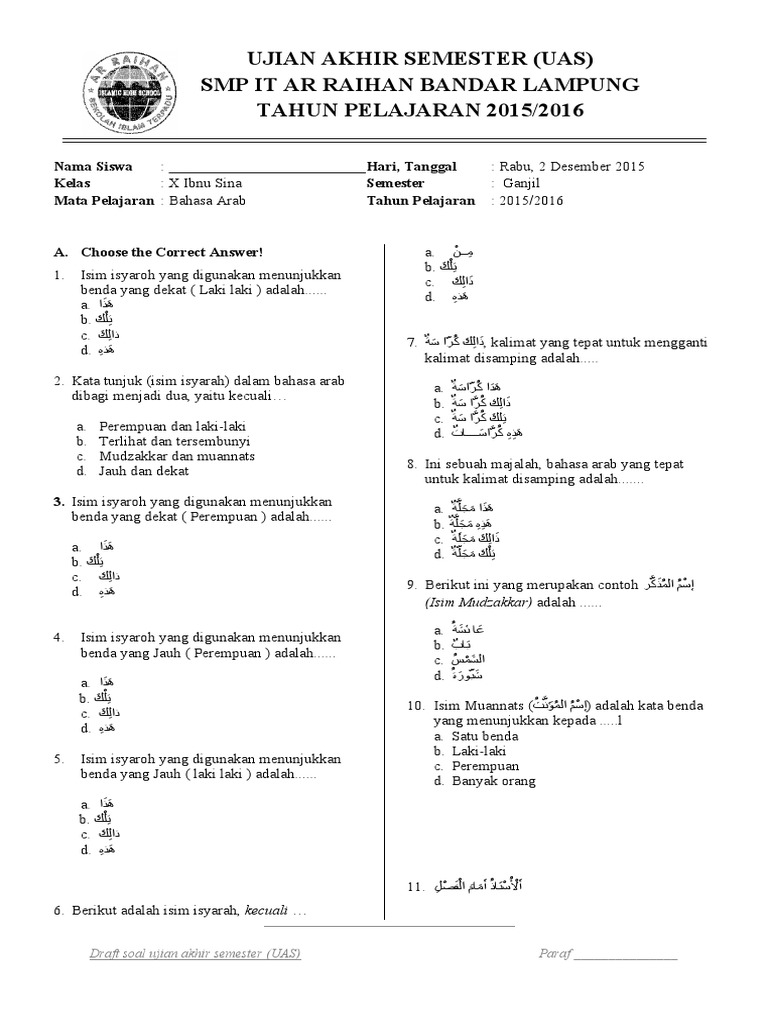 Soal PAS BAhasa Arab XA Ganjil 2021 | PDF