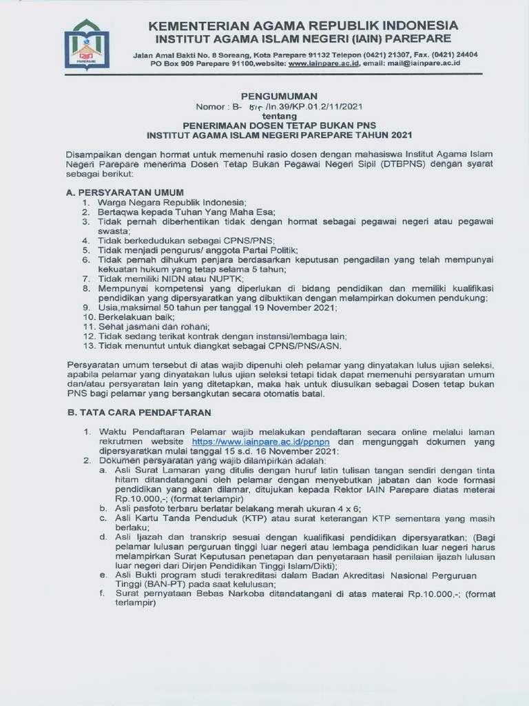 Pengumuman Penerimaan Dosen Tetap Non Pns Iain Parepare | PDF Pengumuman Penerimaan Dosen Tetap Non Pns Iain Parepare | PDF