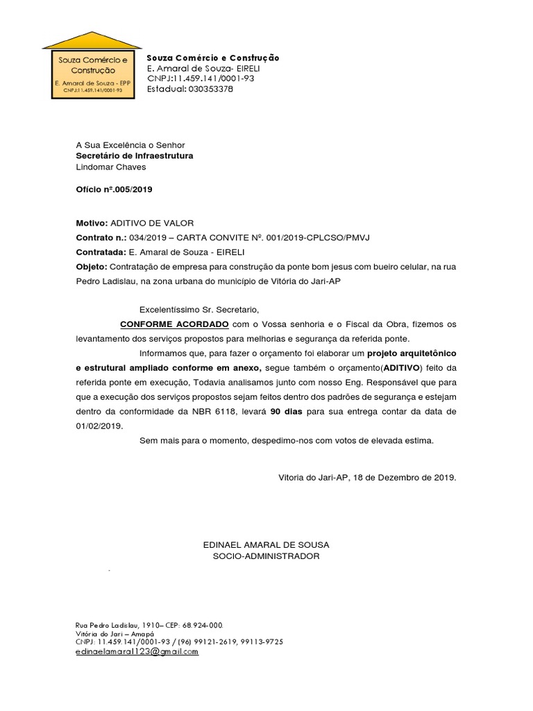 Oficio - 005 - Aditivo de Valor - Ponte Vitoria | PDF