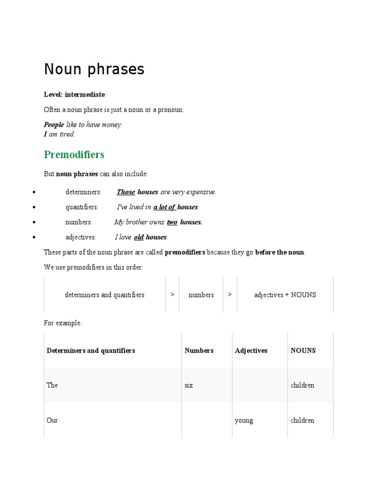 Noun Phrases: Premodifiers | PDF | Noun | Phrase