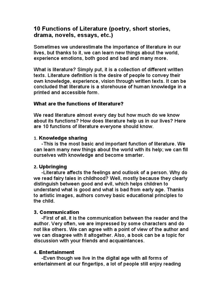 10 Functions of Literature | PDF | Pleasure | Good And Evil