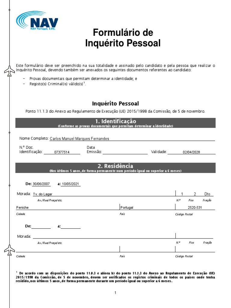 Formulário de Inquérito Pessoal para Verificação de Antecedentes ...