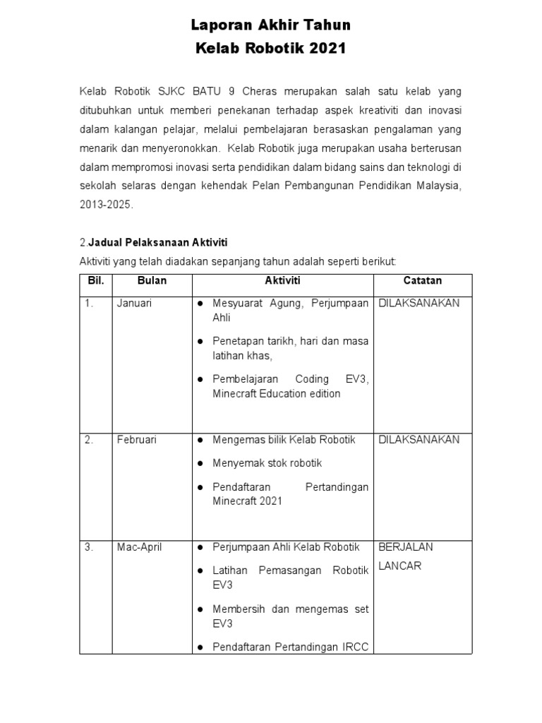 Laporan Tahunan Kelab Robotik | PDF