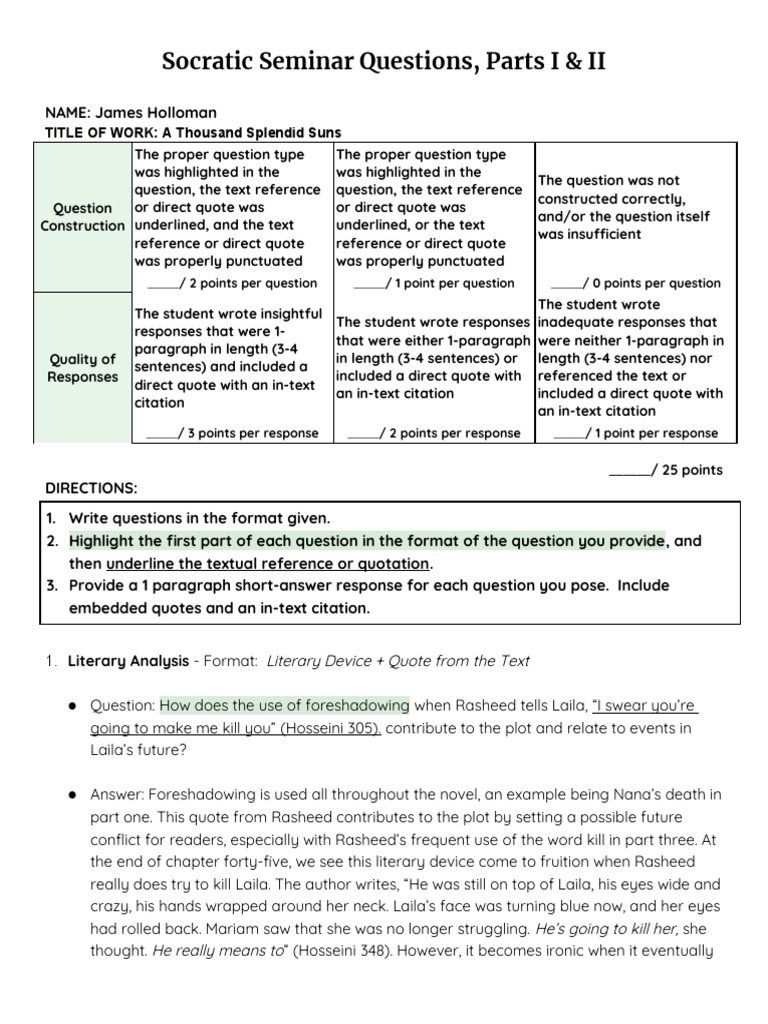 Socratic Seminar Questions - Parts 3 and 4 | PDF