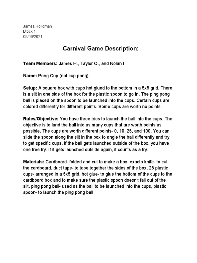 James Holloman - Carnival Game Description | PDF
