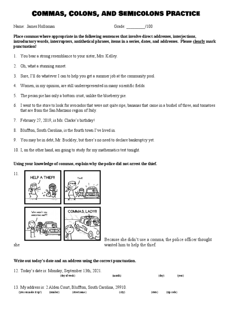 Monroe 14 - Commas, Colons, and Semicolons Practice | PDF | Punctuation ...