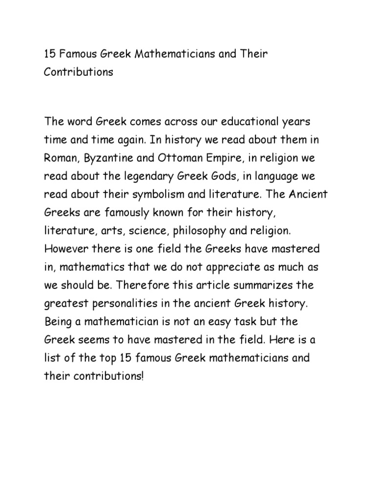 15 Famous Greek Mathematicians and Their Contributions | PDF ...
