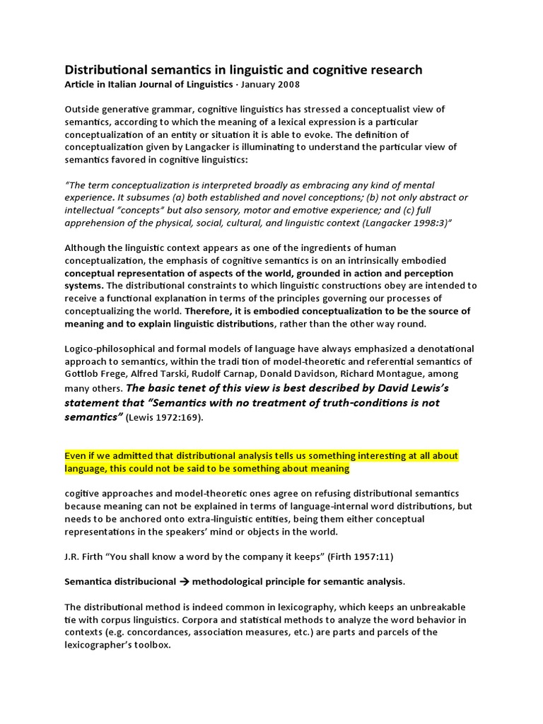 Distributional Semantics in Linguistic and Cognitive Research Article ...