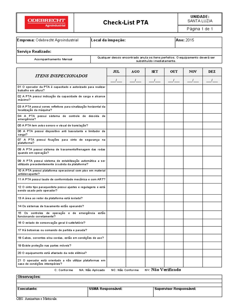 Check-List de Inspeção Mensal de Plataforma de Trabalho Aéreo (PTA) na ...