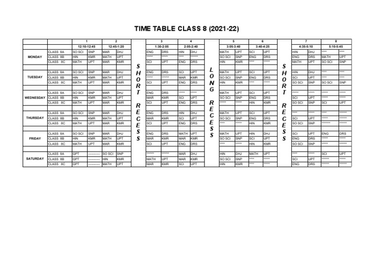 Class 8 Study Timetable 2021-22 | PDF