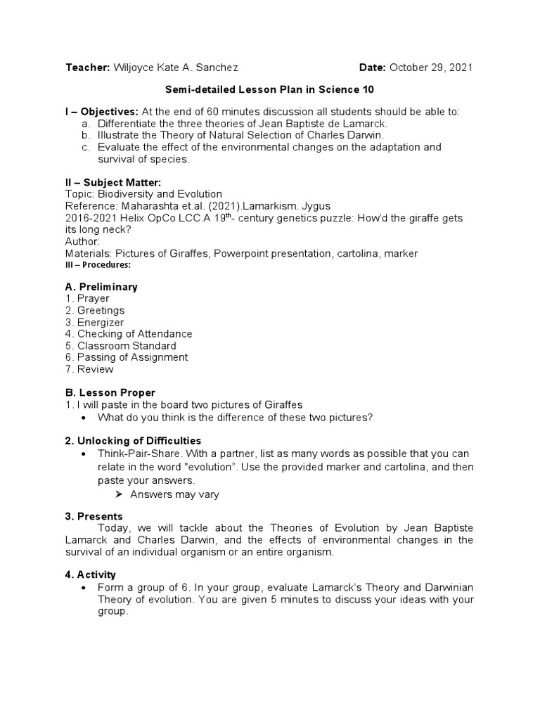 Semi-Detailed Lesson Plan (Sanchez) | PDF | Evolution | Evolutionary ...